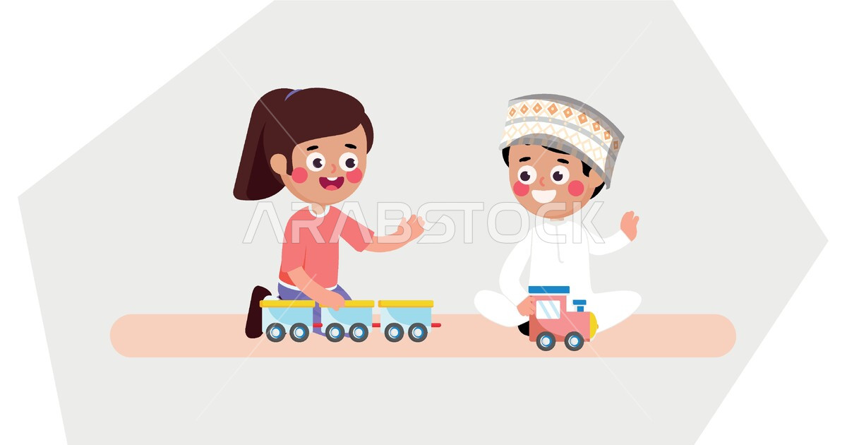 Vector cartoon characters, 'Two Arab Gulf-Emirati children practicing ...