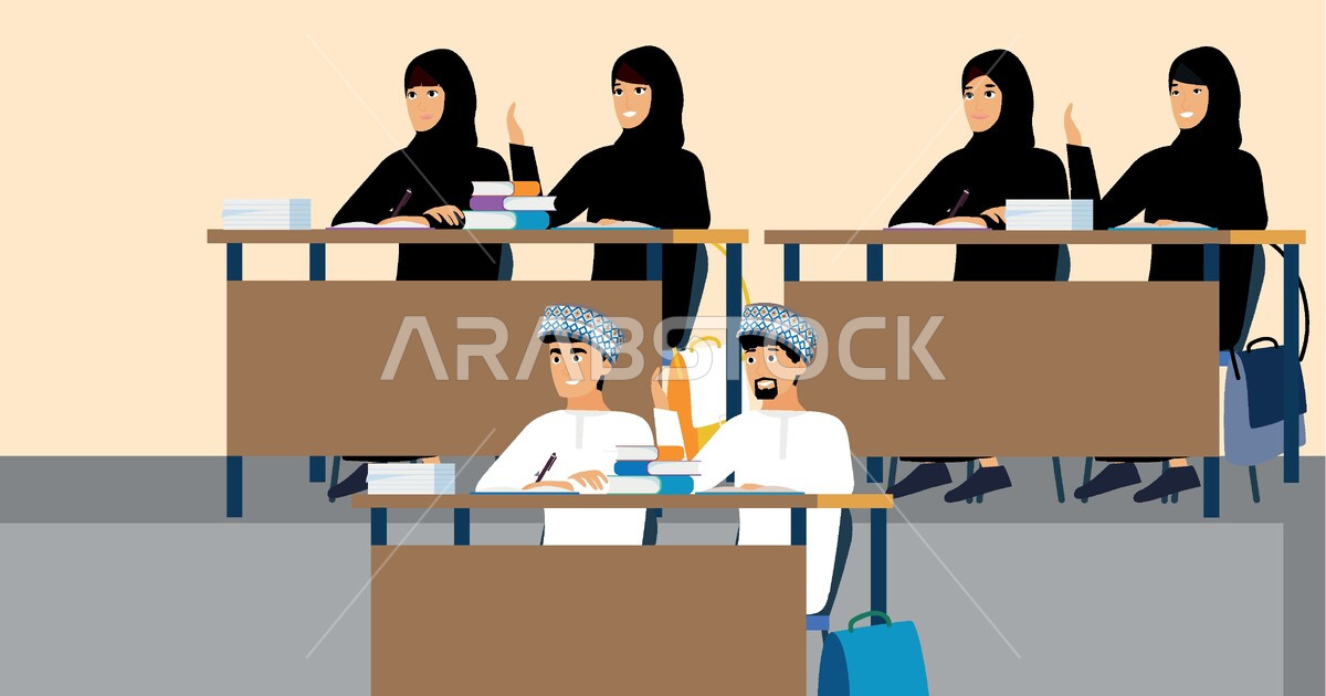 Vector cartoon of a group of characters, a group of Omani Arab students ...