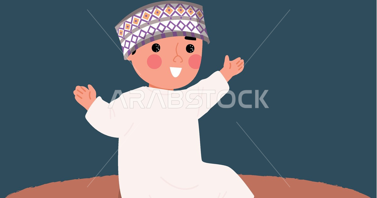 Vector of a cartoon character, a young Omani child, wearing a white ...