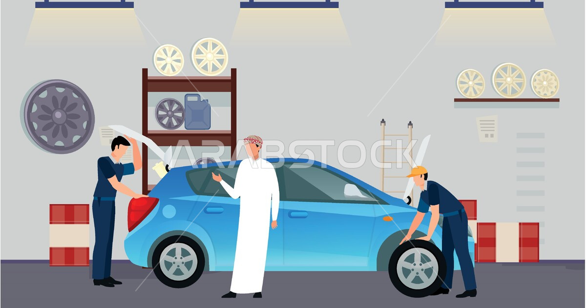 Vector cartoon characters, an Omani man in a car repair shop, a car ...