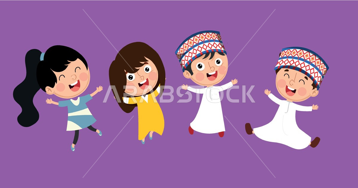 Vector cartoon of Omani Gulf characters for children playing with ...