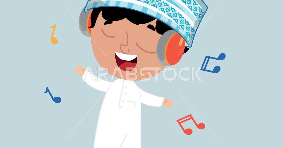 Vector cartoon character of a beautiful Omani Gulf child singing songs ...