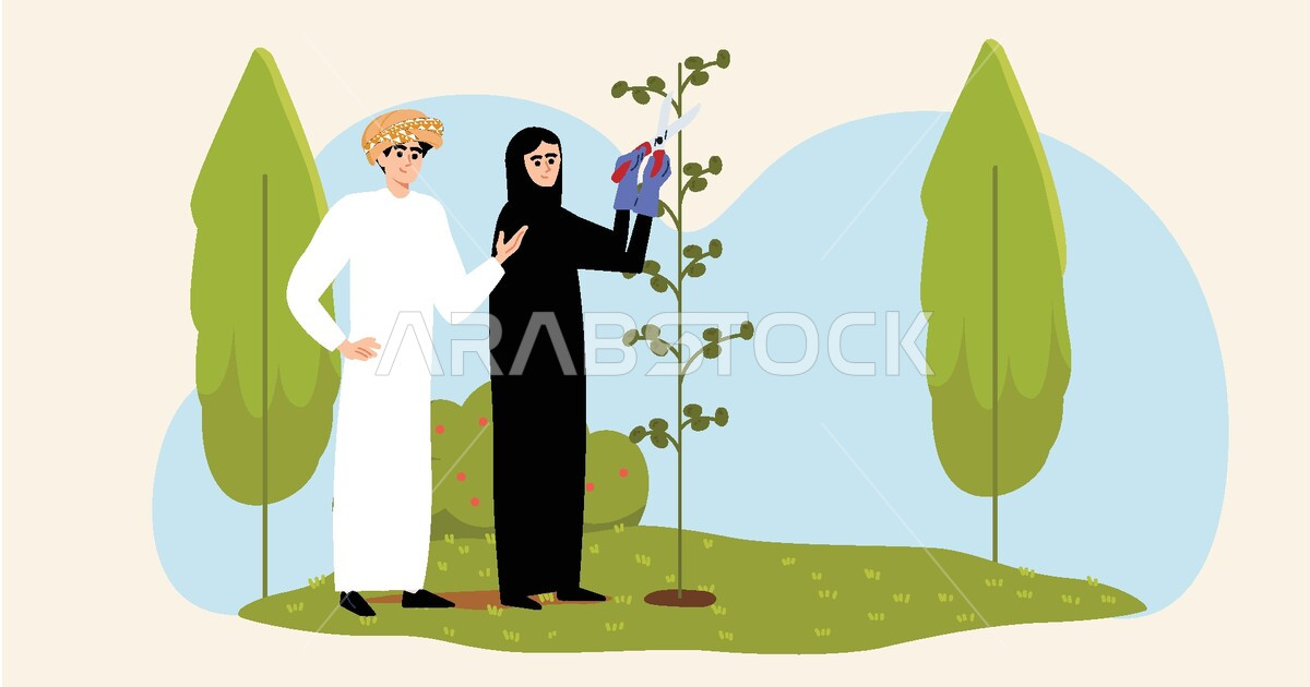 Vector cartoon characters, a Gulf Omani couple doing agriculture ...