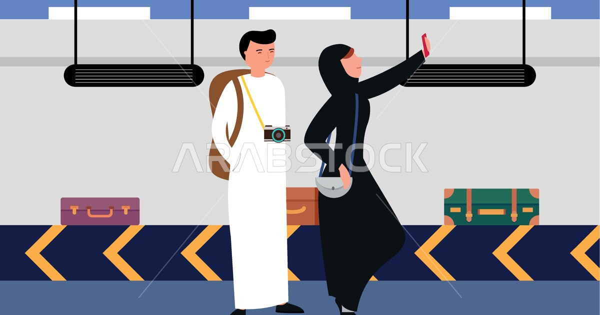 Vector for a Saudi family at the airport with suitcases, a fun tourist ...