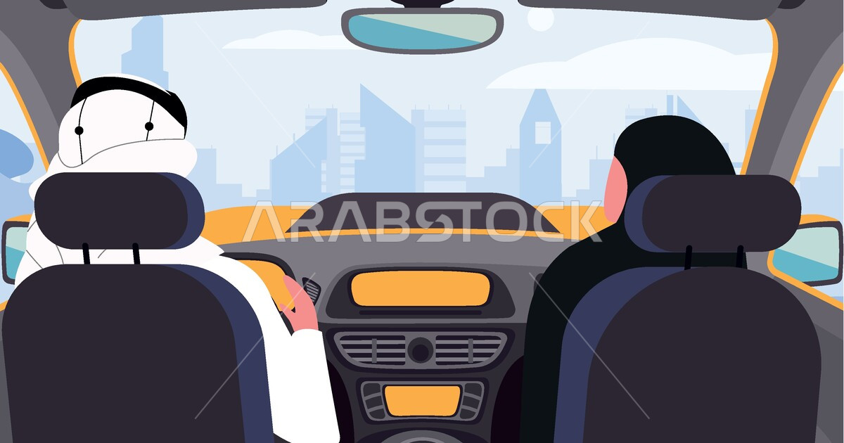 Vector cartoon characters, Arab Gulf-Emirati man driving a vehicle with ...