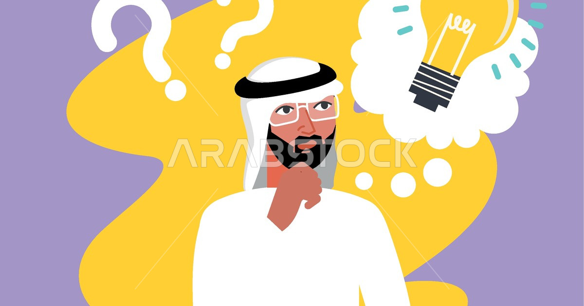 Vector cartoon character, a Gulf Emirati Arab man working on inventing ...