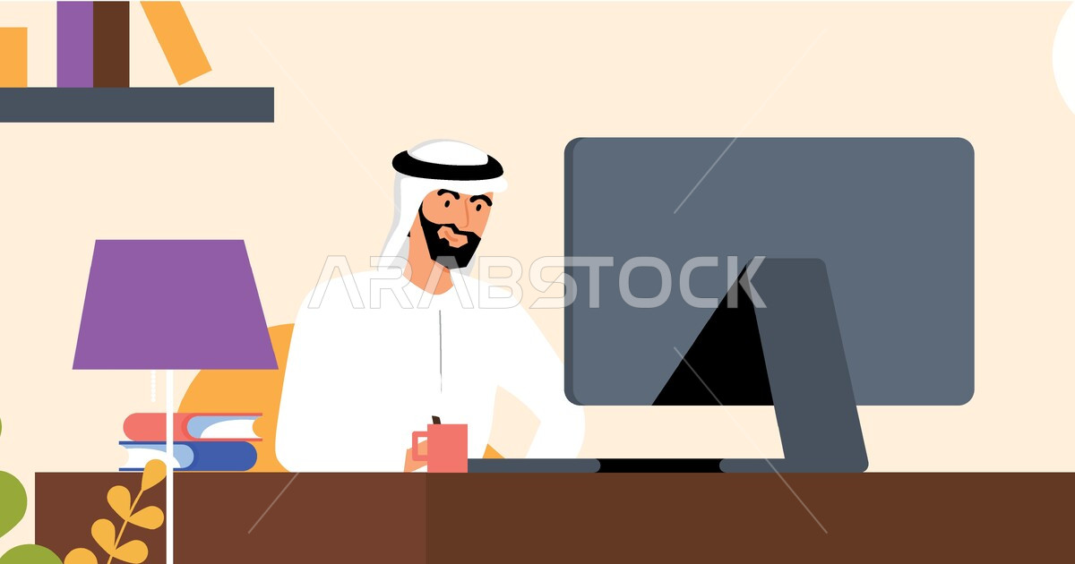 Vector cartoon character, a Gulf-Emirati Arab man who uses computer ...