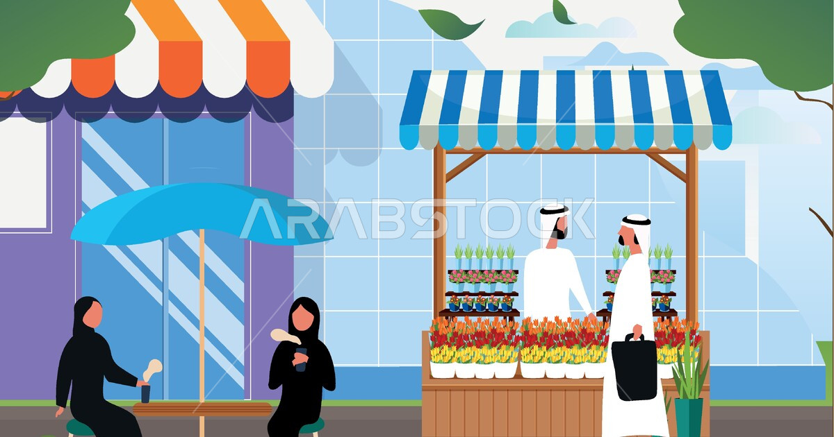 Vector cartoon characters, Arab Gulf-Emirati people in a complex of ...