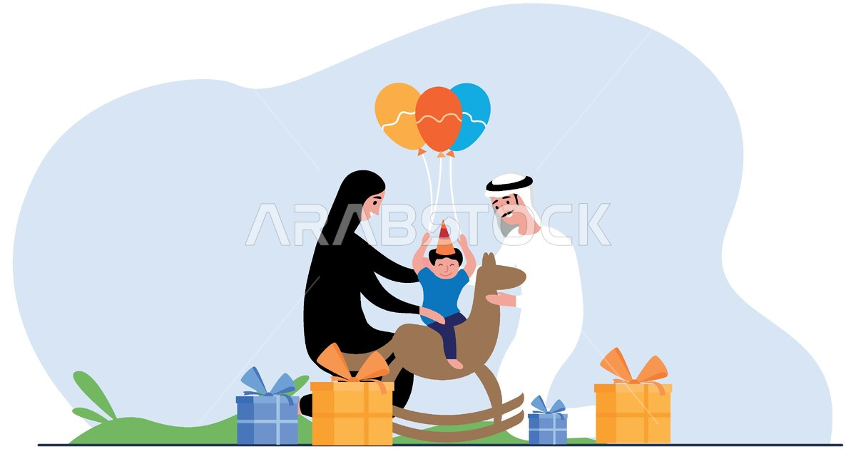 Vector cartoon for a Gulf Arab family celebrating their child's ...
