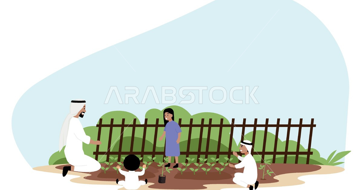 Vector cartoon characters, an Arab Emirati family, planting plants and ...