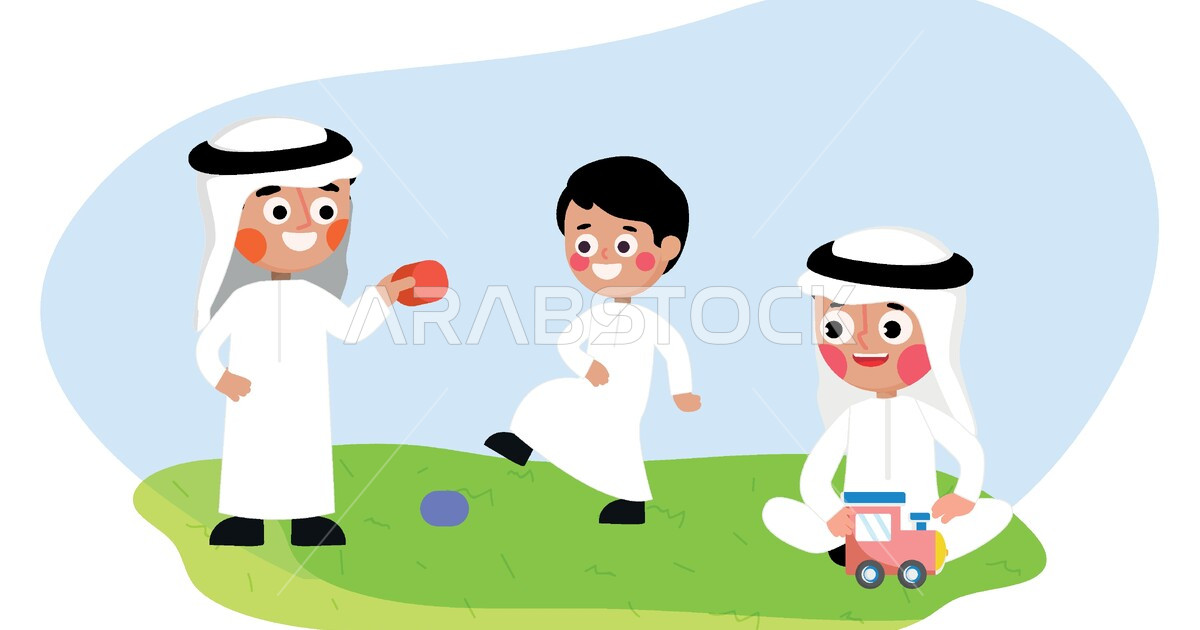 Vector cartoon characters, a group of Emirati Gulf Arab children doing ...