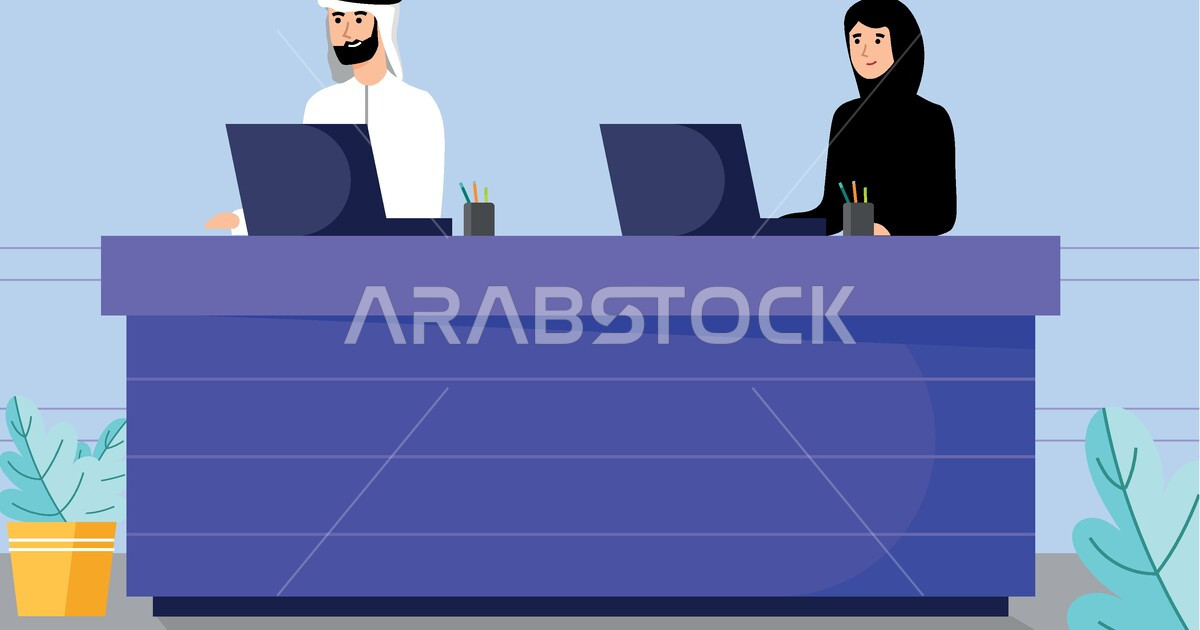 Vector cartoon characters, two Arab Gulf employees at the workplace ...