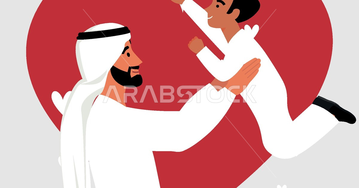 Vector cartoon characters, Arab Gulf Emirati man playing with his young ...