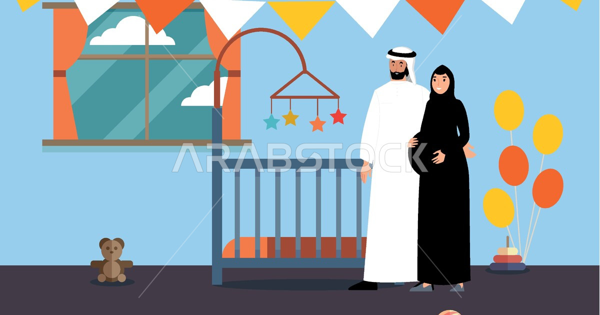 Vector cartoon character, an Arab Gulf-Emirati couple preparing for the ...