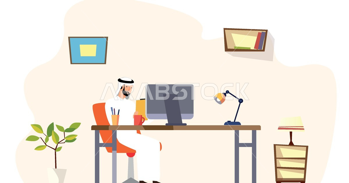 Vector cartoon character, an Emirati Gulf Arab man working on the ...