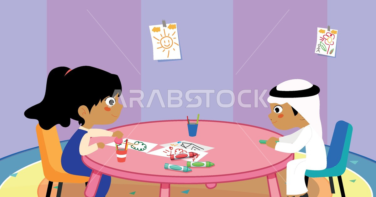 Vector cartoon characters, two Emirati Arab children practicing ...