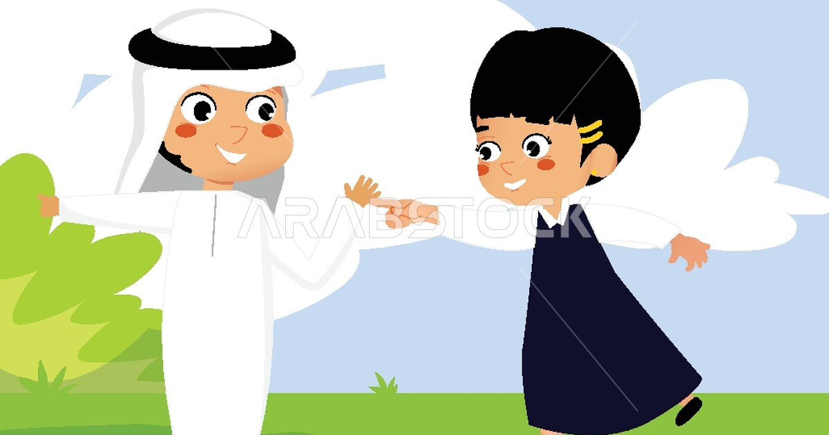 Vector cartoon characters, two Arab Gulf Emirati children playing ...