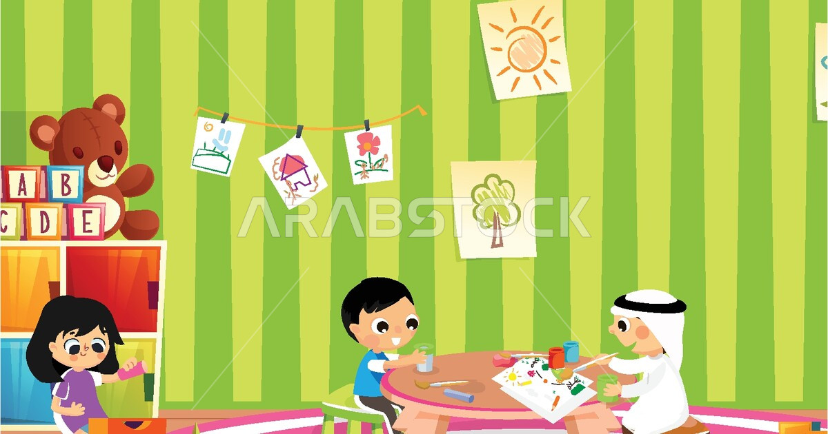 Vector cartoon for a group of Emirati Gulf Arab children, doing a ...