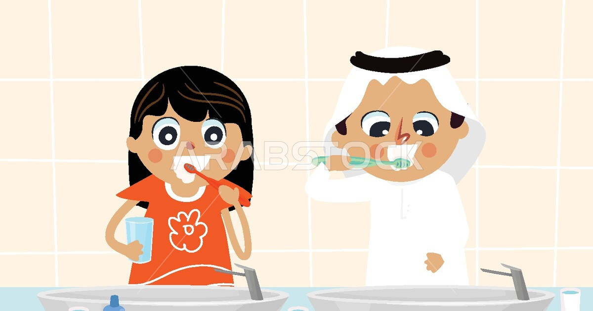 Vector cartoon characters, two Arab Gulf Emirati children brushing ...