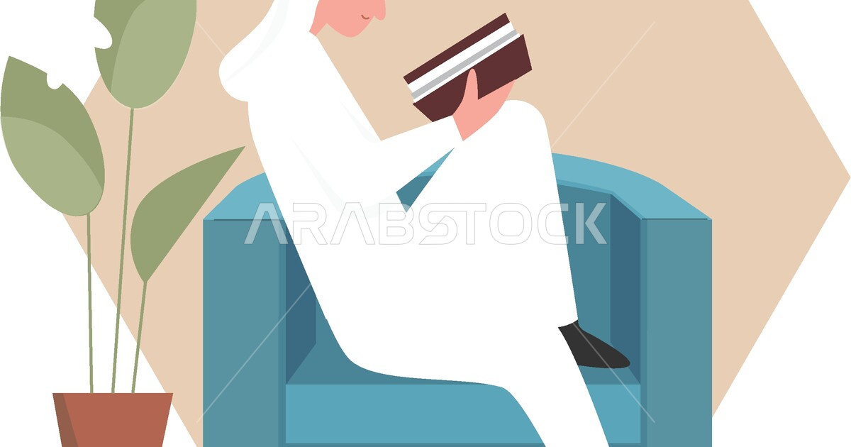 Vector cartoon character, Gulf Arab man, reading books, stories and ...