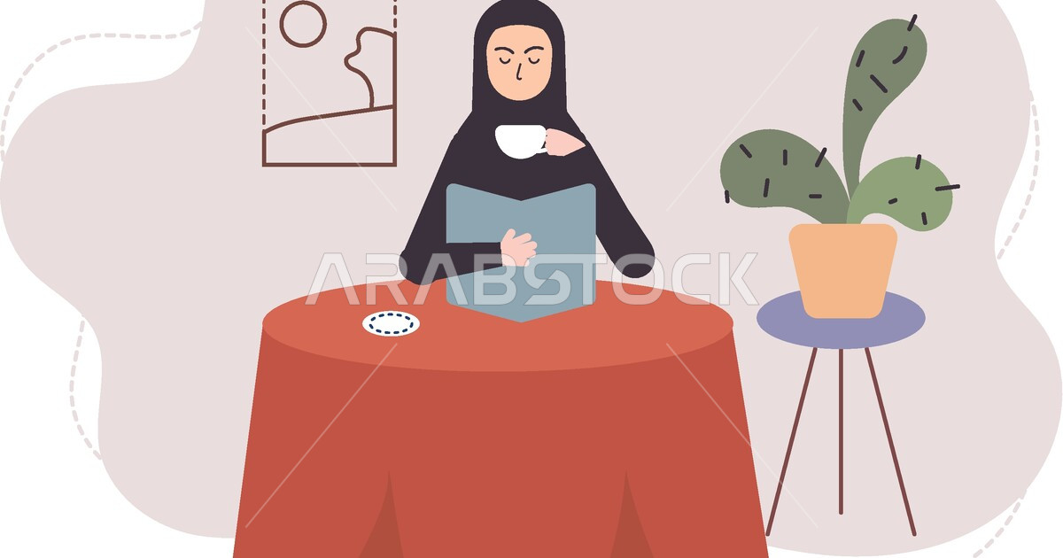 Vector cartoon character, Gulf Arab student, reading books, stories and ...