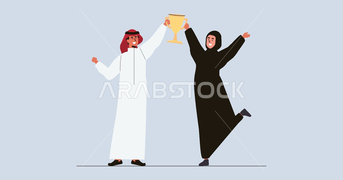 Vector cartoon characters, Gulf Arab man and woman holding a golden cup ...