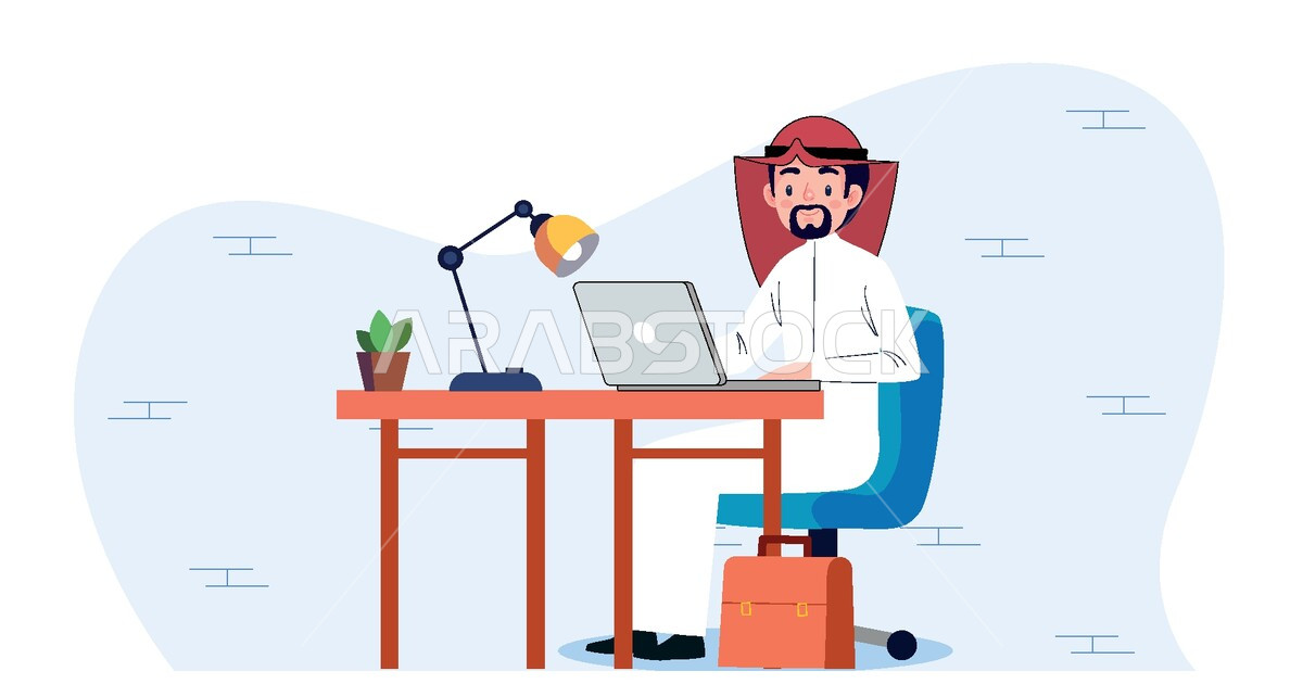 Vector cartoon character, a Gulf Arab man doing his work in his own ...