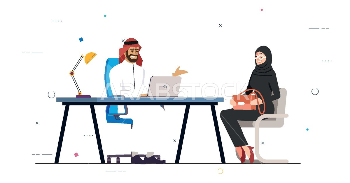 Vector Cartoon characters, an Arab Gulf businessman meets an applicant ...