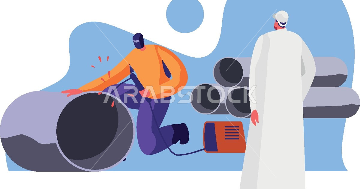 Vector cartoon characters, Gulf Arab worker welding steel pipes in the ...