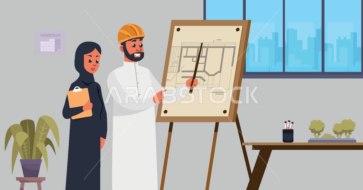 Vector Cartoon for an Arab Gulf team, an engineer explains the details ...