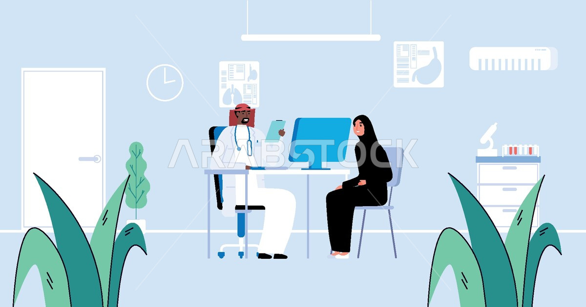 Vector cartoon characters, of a Saudi Arabian Gulf doctor giving a ...