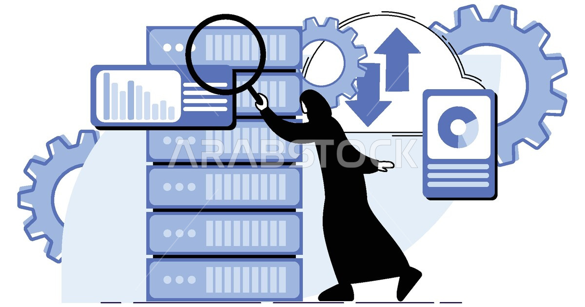 Vector cartoon illustration of a woman using cloud storage, cloud ...