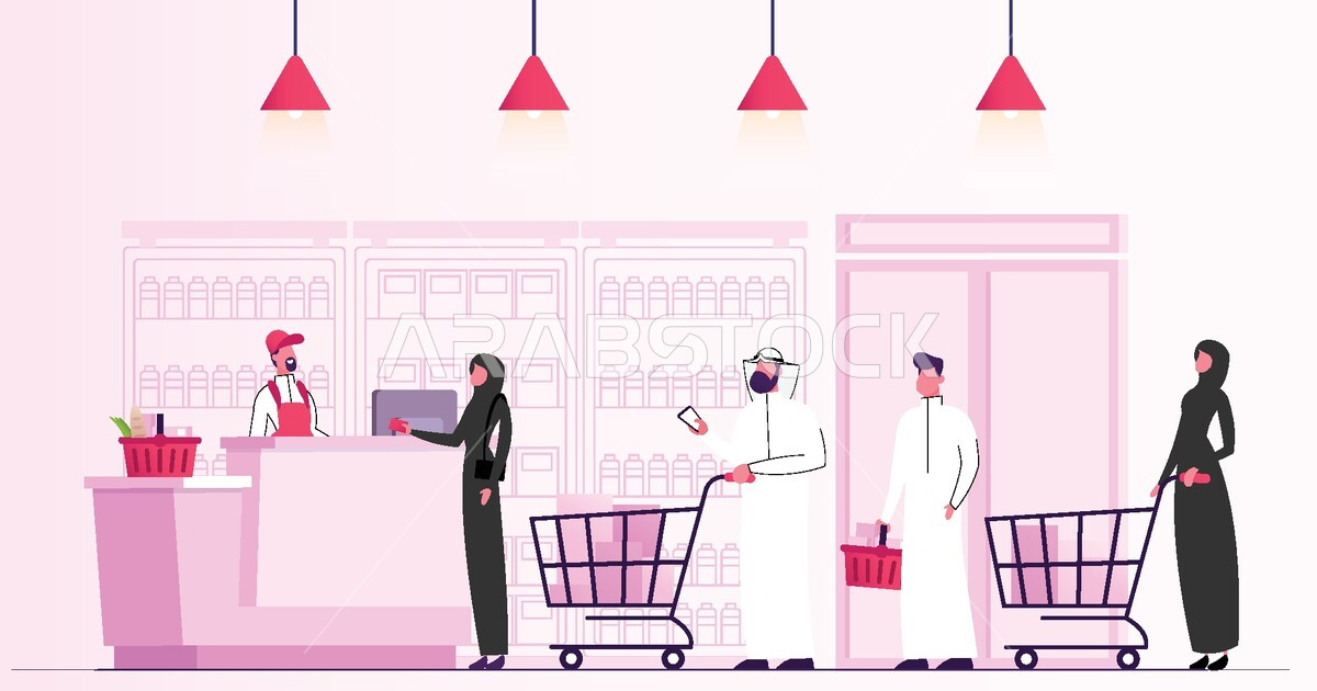 Vector Cartoony A group of Gulf Arab figures in the shop with the ...