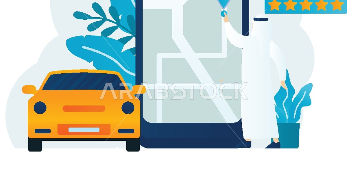 Vector cartoon character, Gulf Arab man Ordering a taxi online, renting ...