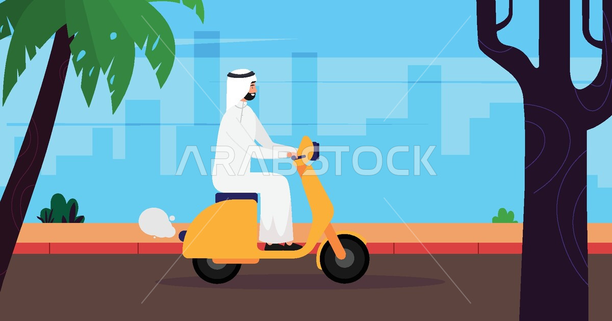 A cartoon vector for a character, an Arab Gulf man using a motorcycle ...