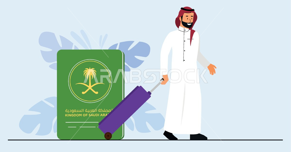Cartoon vector for a character, a Gulf Arab man with a suitcase, a man ...