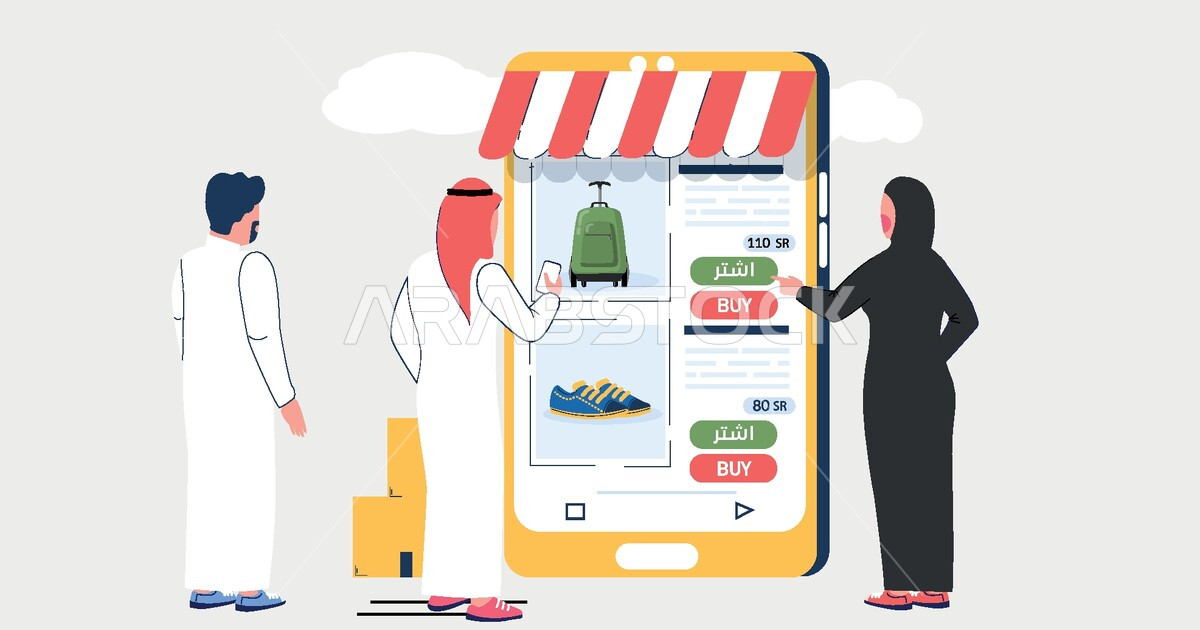 Vector cartoon characters, group of Gulf Arabs, online shopping, online ...