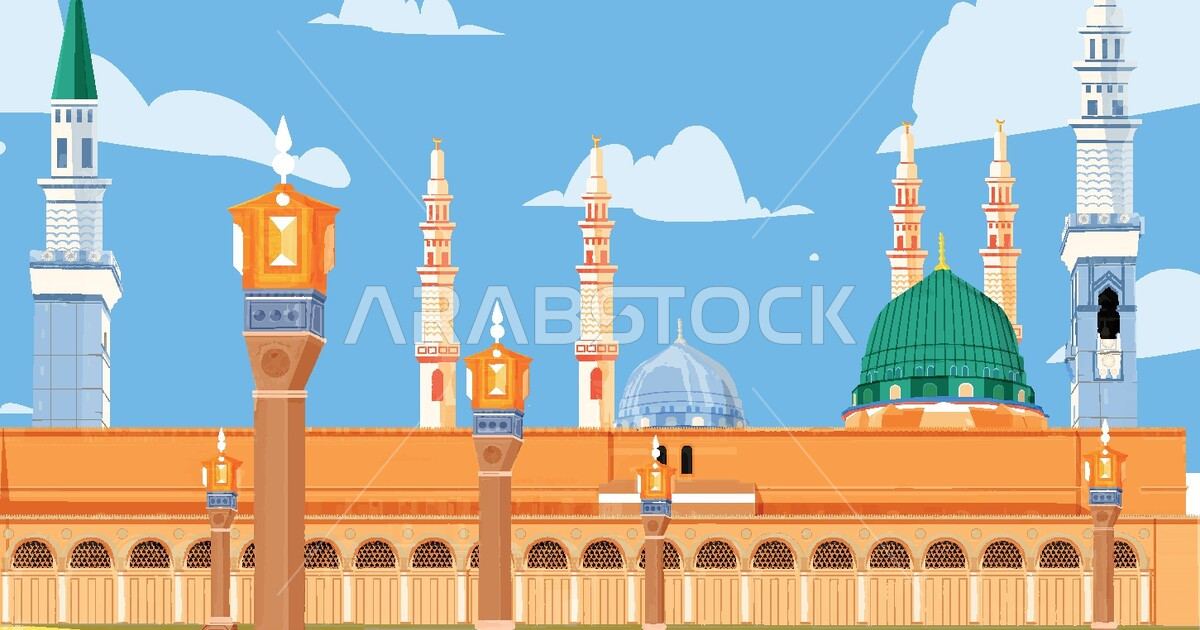 Vector cartoon of the Prophet's Mosque in Medina, Saudi Arabia, vector ...