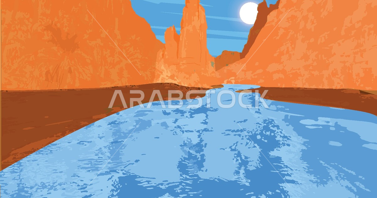 Vector cartoon scenes of rocks and oases in Wadi Al-Disah, Tabuk region ...