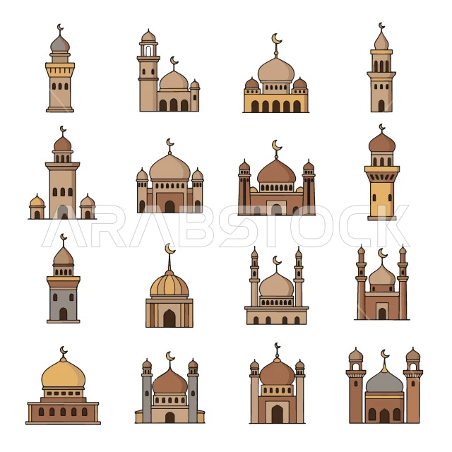 Ready-made templates and icons for mosque domes, holy religious places ...