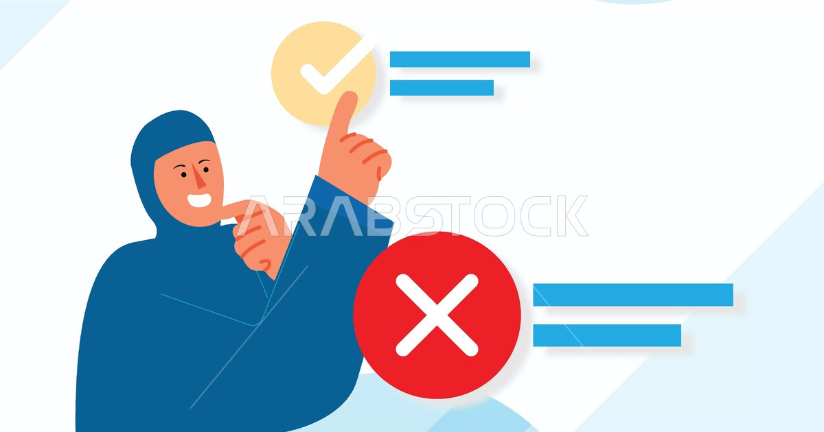 Vector cartoon character, Gulf Arab woman trying to make the right ...