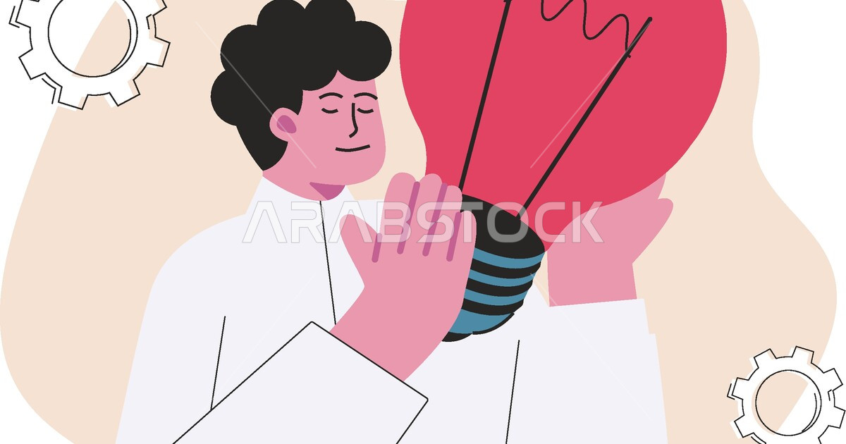 Vector cartoon character, an Arab Gulf man working on inventing a new ...