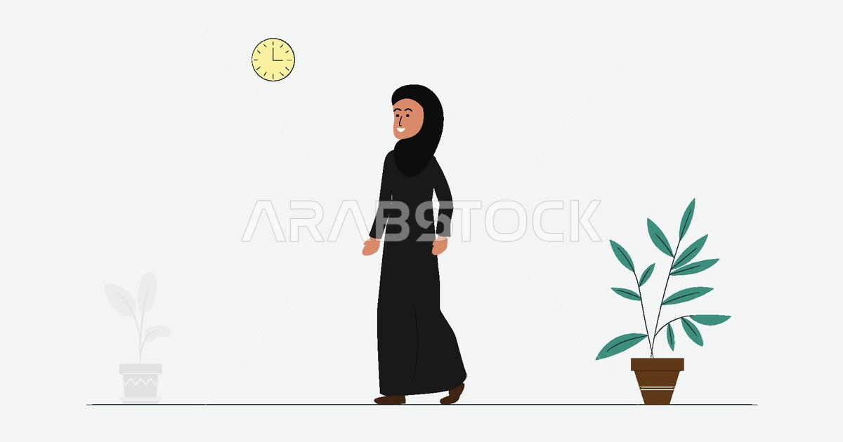 فيكتور كرتوني لشخصية ، امرأة عربية خليجية رسم تعبيري وهي تمشي ، ايماءات