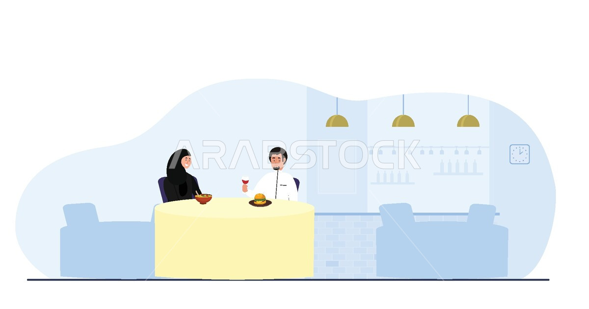 Vector cartoon of Gulf Arab characters, husband and wife eating at the ...