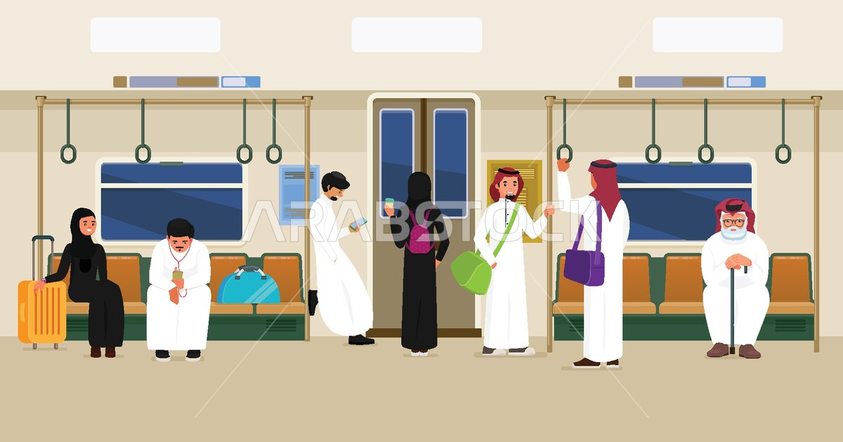 Vector cartoon characters, a group of Arab Gulf people inside a bus ...