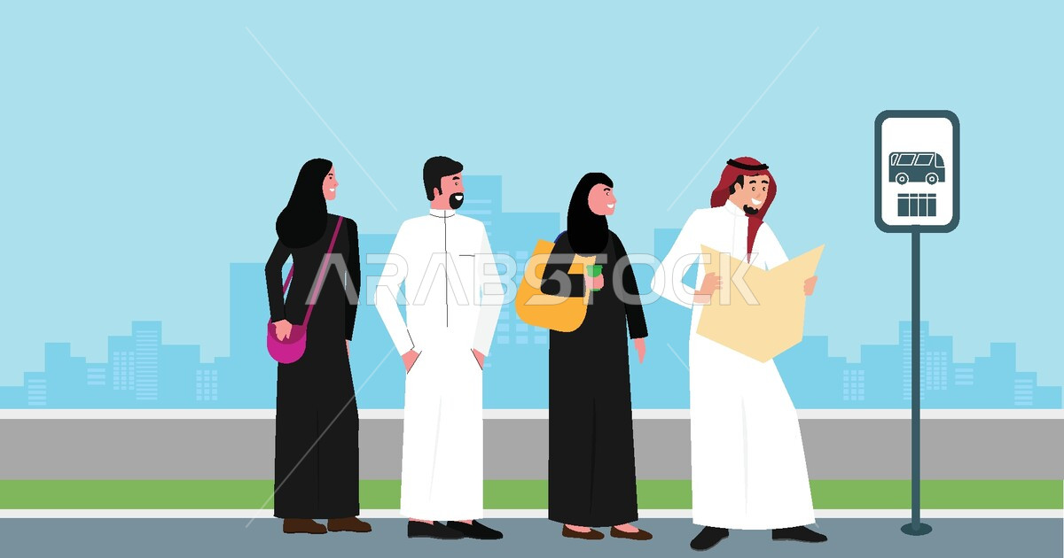 Vector Cartoony for a group of Arab Gulf men and women at the bus stop ...