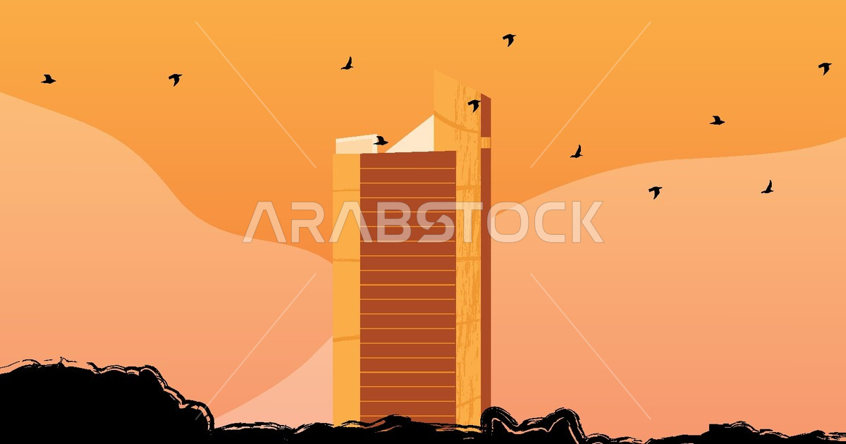 Vector cartoon design for a Saudi building scene at sunset, Saudi ...