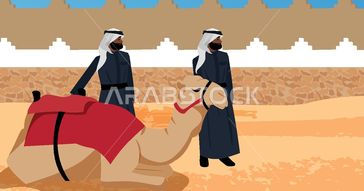 Vector cartoon design for two Gulf Arab men accompanied by a desert ...