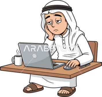 Cartoon vector of characters, a tired Arab businessman working on a ...