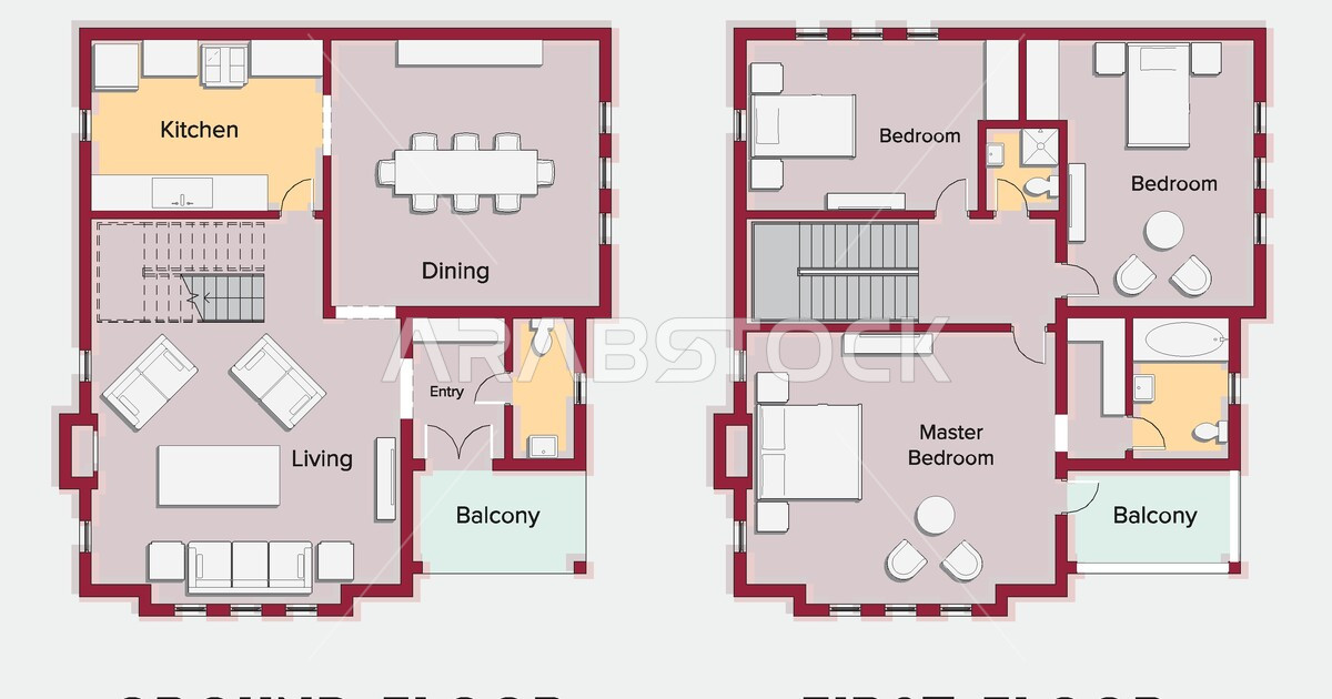 Vector cartoon design for an architectural floor plan for a 2-storey ...
